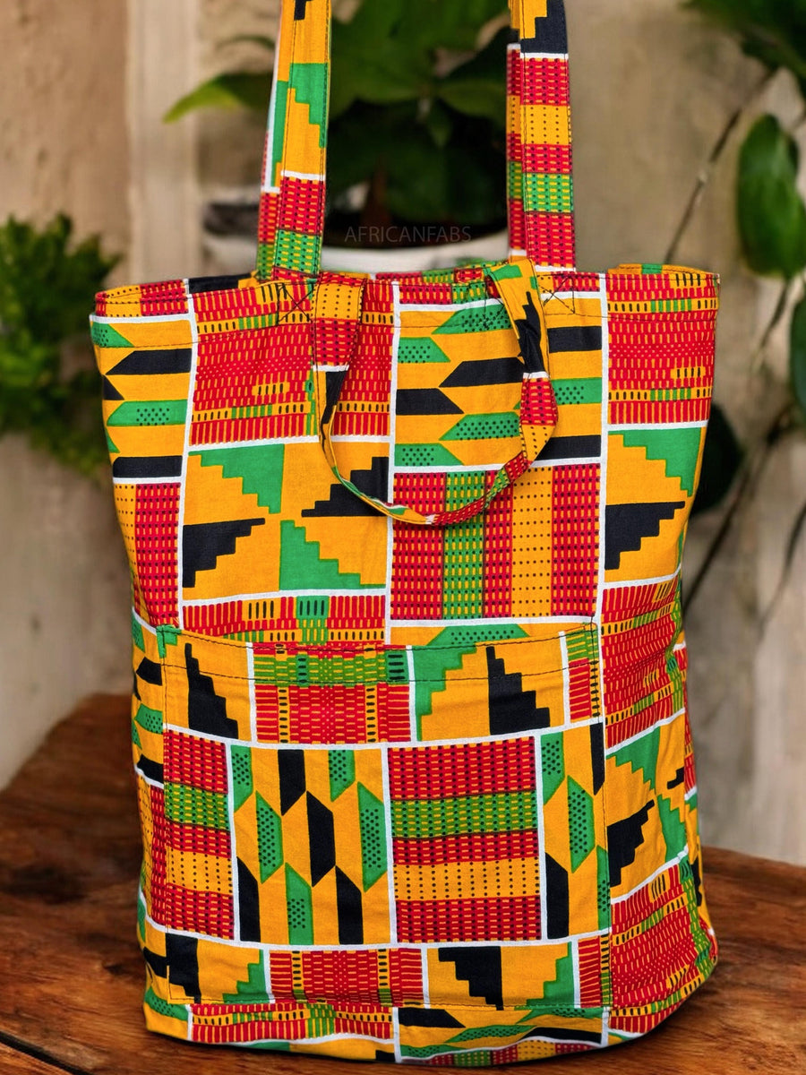 Shopper bag with African print - Yellow Green Kente - Reusable Cotton ...